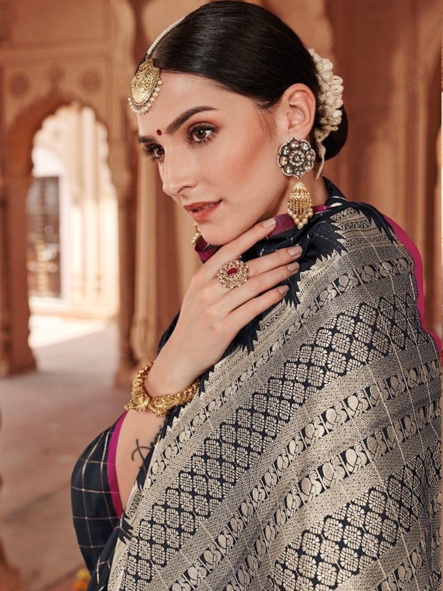 Mami Collections: Black Checkered Soft Silk Saree with Rich Silver Pal ...