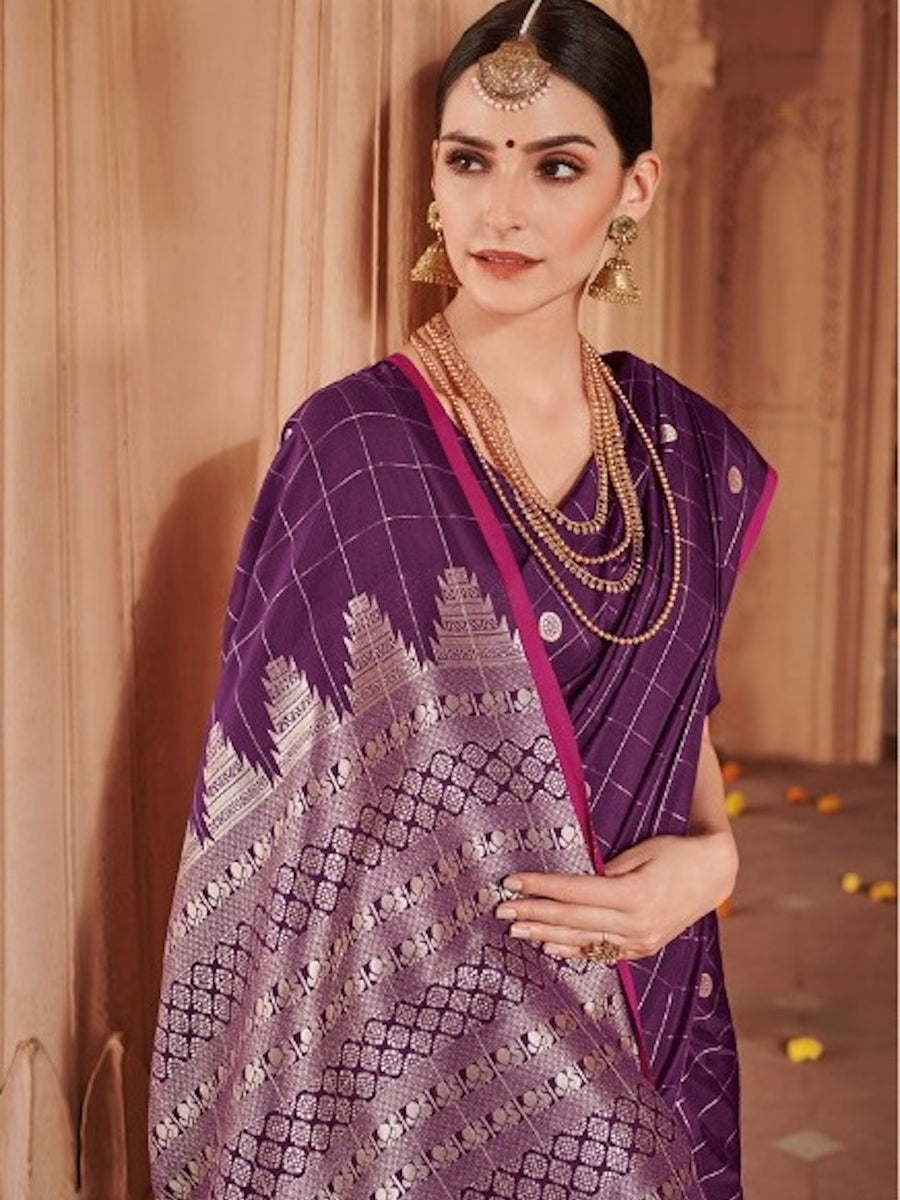 Mami Collections: Purple Checkered Soft Silk Saree with Rich Silver Pa ...